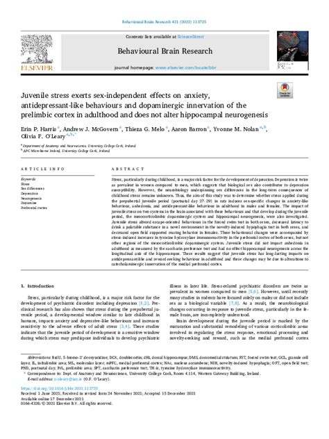 Pdf Juvenile Stress Exerts Sex Independent Effects On Anxiety