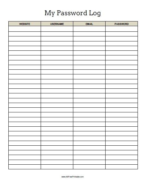 Password Log Free Printable