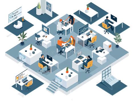 Isometric Modern Office Workspace With Team Collaboration Stock Illustration Illustration Of