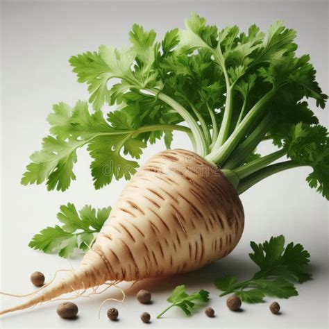 Fresh Parsnip Root With Attached Leaves Isolated On A Plain White