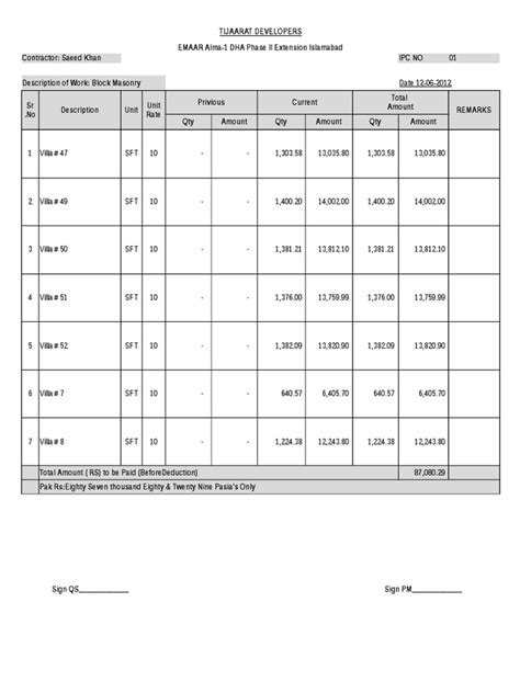 Pdf Bill Of Block Work Dokumentips