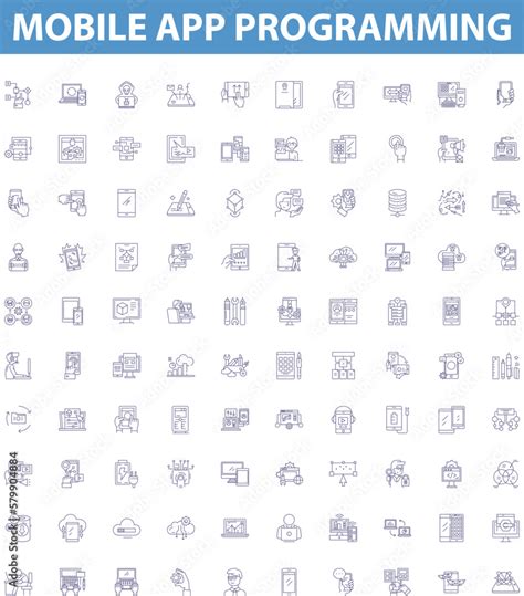 mobile app programming line icons signs set programming mobile apps