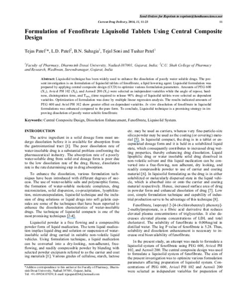 Pdf Formulation Of Fenofibrate Liquisolid Tablets Using Central