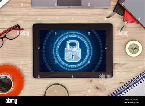 tablet computer and digital lock icon hologram with circle binary
