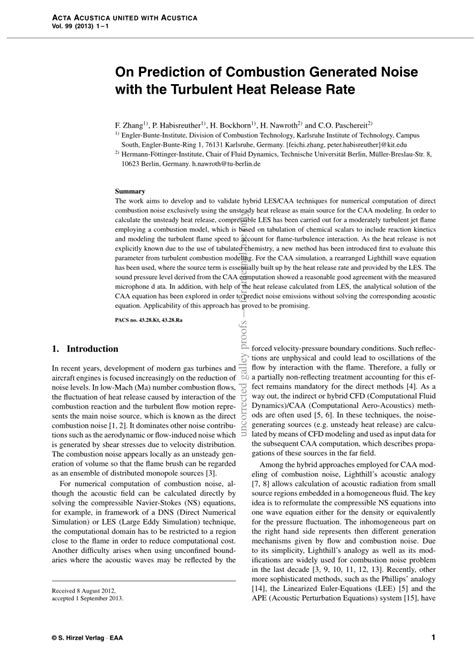 Pdf On Prediction Of Combustion Generated Noise With The Turbulent Heat Release Rate