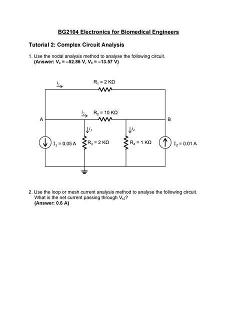 Tutorial 2 Complex Circuit Analysis Bg2104 Electronics For Biomedical