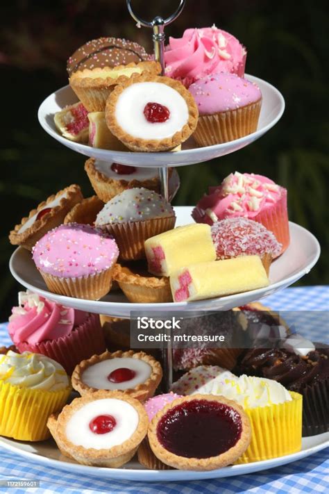 가든 파티에서 파란색 체크 무늬 식탁보 체리 베이크웰 타르트 초콜릿 머핀 홈메이드 바텐베르크 케이크 파이프 장식 스프링클 팬티에