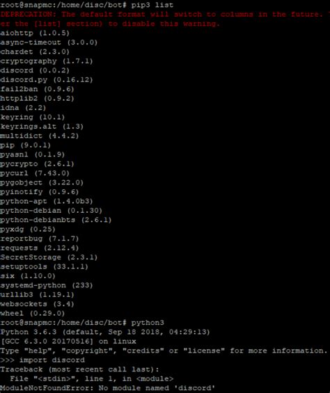 Python Discord Debian Module Not Found Python And Python Installed Stack Overflow
