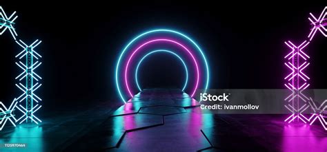 미래 지향적인 현대 공상 클럽 댄스 무대 건설 네온 빛나는 동그라미 모양의 어두운 그런 지 구체적인 육각형 타일 바닥 3d 렌더링에 퍼플 핑크 블루 레이저 무대 조명 0명에