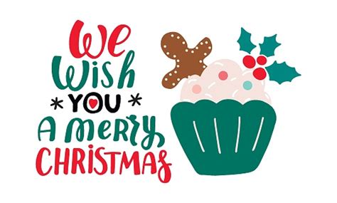 우리는 당신에게 메리 크리스마스를 기원합니다 진저 브레드와 함께 크리스마스 컵 케이크 인사말 카드 스티커 포스터 겨울 휴가 소원 편지와 승화를위한 손으로 그린 벡터 디자인