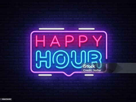 해피 아워 네온 사인 벡터 디자인 서식 파일 해피 아워 네온 로고 라이트 배너 디자인 요소 화려한 현대적인 디자인 트렌드 밤 밝은 광고 Brightsign 벡터 일러스트