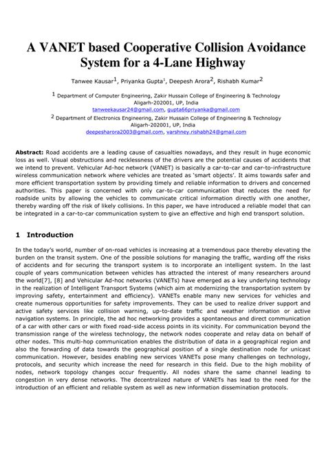Pdf A Vanet Based Cooperative Collision Avoidance System For A 4 Lane