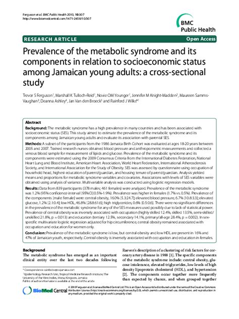 Pdf Prevalence Of The Metabolic Syndrome And Its Components In Relation To Socioeconomic