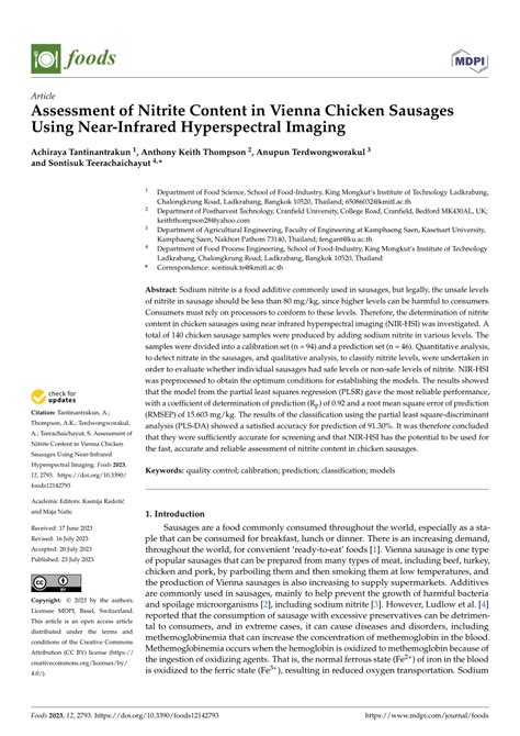 Pdf Assessment Of Nitrite Content In Vienna Chicken Sausages Using Near Infrared Hyperspectral