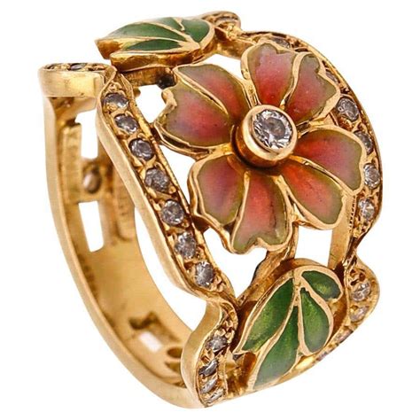 Masriera Art Nouveau Plique À Jour Enamel Ring In 18kt Yellow Gold With
