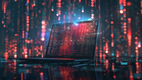 A Laptop Displays Source Code And A Futuristic Data Stream In A Nighttime Setting Stock