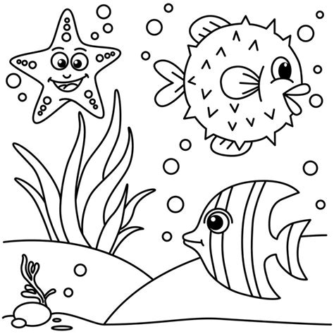 귀여운 물고기 만화 색칠 페이지 그림 벡터 아이 색칠 공부 프리미엄 벡터