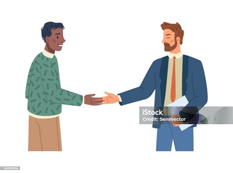 상사와 직원이 악수를하고 고립 된 사람들이 인사하거나 합의를합니다 파트너 또는 동료 공동 작업 인물 또는 캐릭터 플랫 만화 스타일의 벡터 남자 사업가에 대한 스톡 벡터 아트