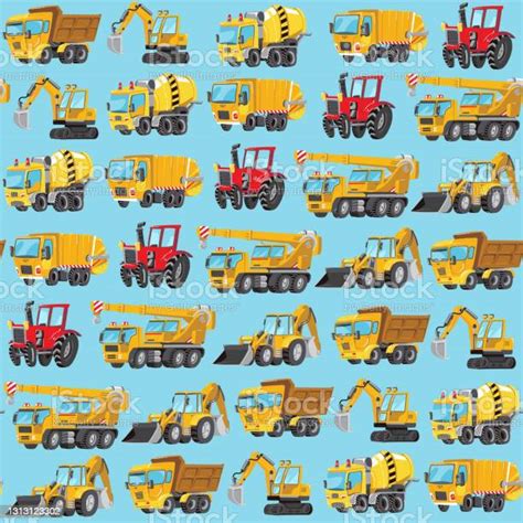 노란색 트럭 자동차 및 도로 표지판이있는 매끄러운 패턴 빨간 트랙터 굴삭기 굴착기 기계 건물 기계 콘크리트 믹서 건설 기계류에