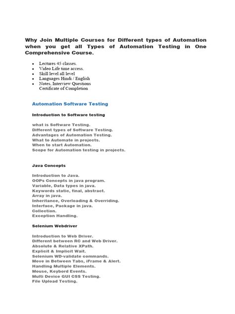 Automation Testing Course Pdf Selenium Software Java