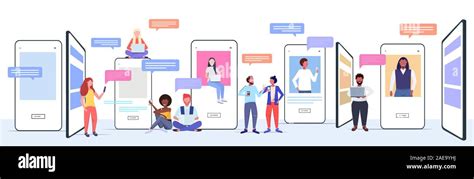Mix Race People Using Chatting Apps On Digital Devices Social Network Chat Bubble Communication