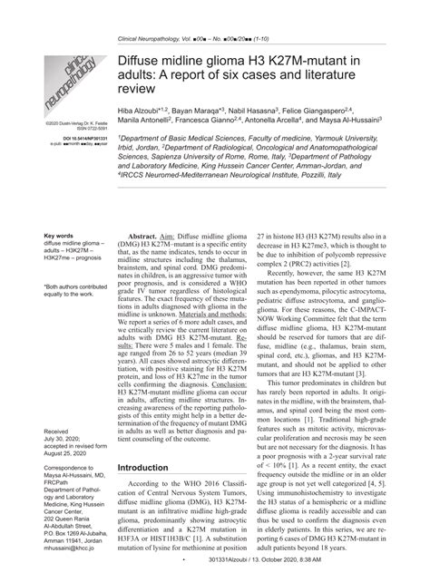 PDF Diffuse Midline Glioma H3 K27M Mutant In Adults A Report Of Six Cases And Literature Review