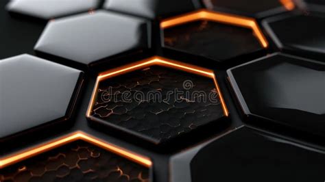 3d rendering of glossy black hexagonal tiles with orange glowing edges
