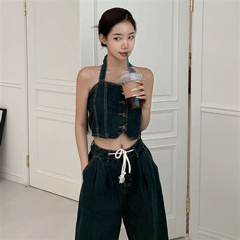 데님day💙 데님 홀터넥 투피스 데님팬츠 데님바지 청바지 와이드팬츠 일자바지 여름바지 린넨 생지 밴딩팬츠 밴딩바지 오버핏 빅사이즈 데님탑 탑원피스 투피스 세트 나시