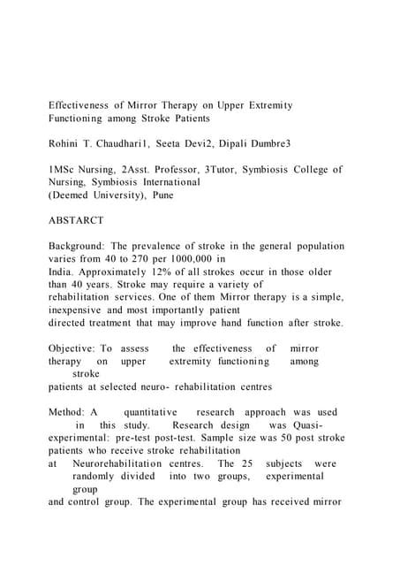 Effectiveness Of Mirror Therapy On Upper Extremity Functioni Docx