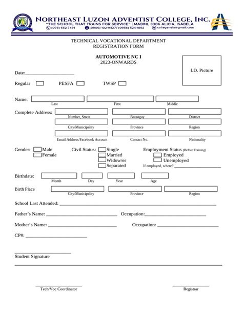 Tesda Application Form Automotive I Pdf