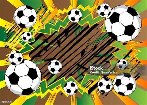 축구 공이있는 만화책 포스터 만화를 배경으로 한 축구공 경기 스포츠에 대한 스톡 벡터 아트 및 기타 이미지 경기 스포츠