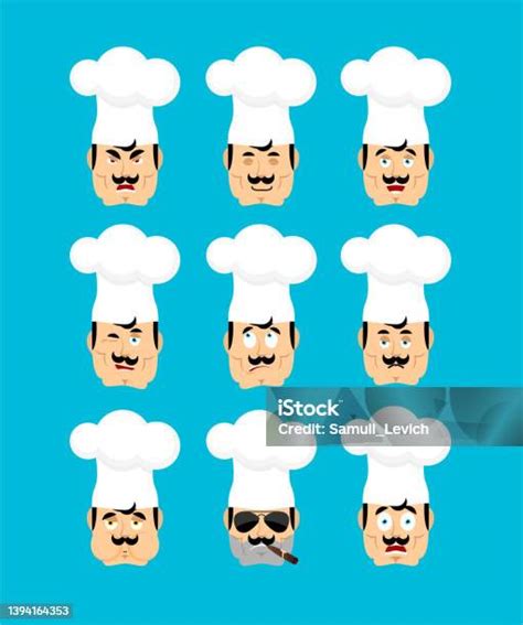 요리사는 이모티콘 아바타를 설정합니다 슬프고 화가 난 얼굴 유죄와 수면 잠자는 감정 얼굴을 요리하십시오 키치너 벡터 일러스트 레이 션 요리사에 대한 스톡 벡터 아트 및 기타