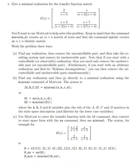 solved 1 give a minimal realization for the transfer