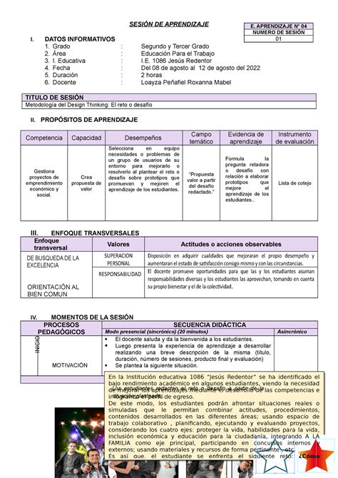 Sesión DE Aprendizaj N° 1-EDA4 jr - SESIÓN DE APRENDIZAJE I. DATOS ...