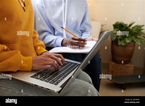 Hands Of Female College Babe Coding On Laptop When Her Friend Drawing Wibsite Wireframe In