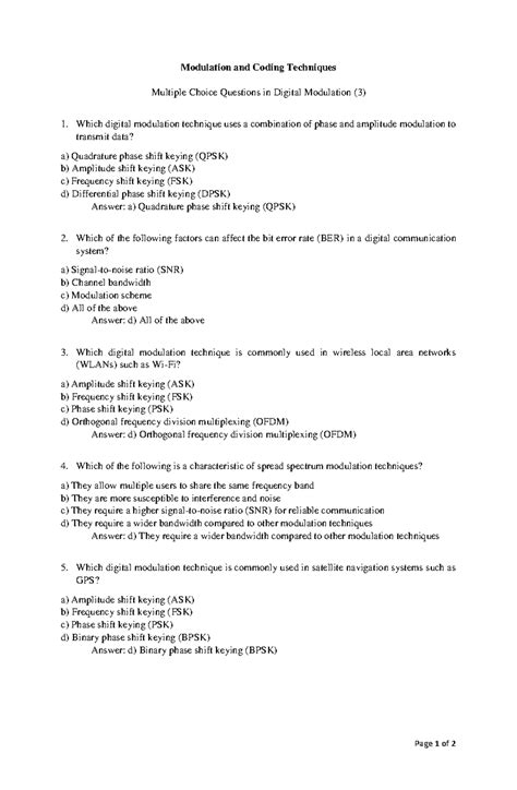 Mcq In Digital Modulation Page 1 Of 2 Modulation And Coding