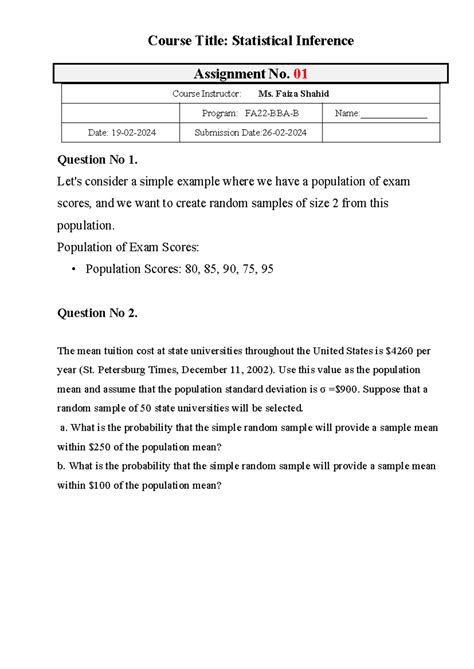 Assignment 1 Notes Course Title Statistical Inference Assignment No 01 Course Instructor