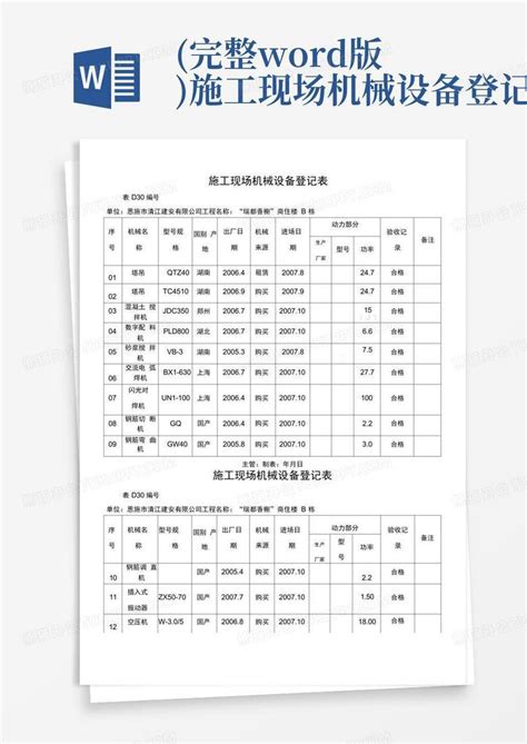 完整版 施工现场机械设备登记表word模板下载 编号qjogzndy 熊猫办公