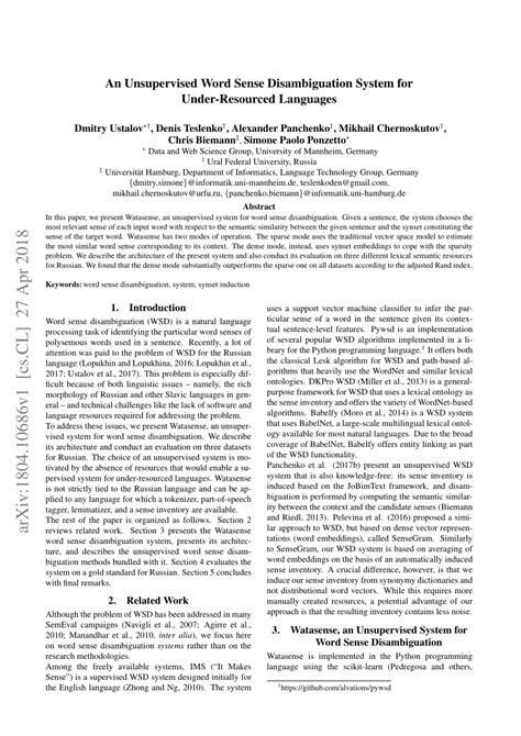 Pdf An Unsupervised Word Sense Disambiguation System For Under Resourced Languages