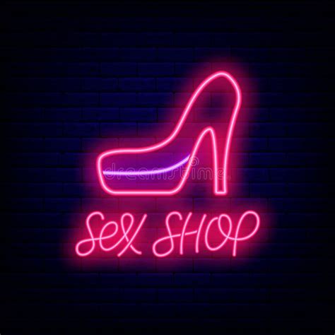Sex Shop Neon Emblem On Brick Wall High Heeled Shoe Sexual