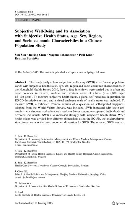 Pdf Subjective Well Being And Its Association With Subjective Health