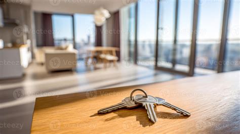 Keys Lying On A Wooden Table In A Modern Living Space With A City View