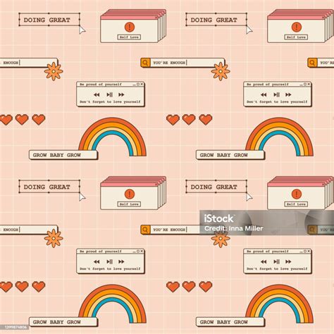 추상 복고풍 80 년대 90 년대 미적 그루비 매끄러운 패턴과 긍정적 인 인용문과 문구 향수 요소 및 스티커 증기파 오래된 컴퓨터 스타일의 배경 벡터 일러스트레이션 1990