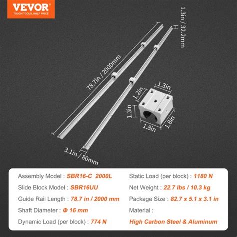 Vevor Linear Guide Rail Set Sbr16 2000mm 2 Pcs 78 7 In 2000 Mm Sbr16 Guide Rails And 4 Pcs