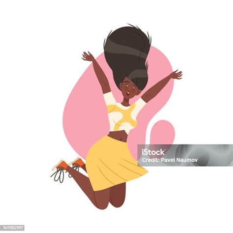 행복한 얼굴로 점프 아프리카 계 미국인 여성 캐릭터 기쁨과 흥분을 느끼는 벡터 일러스트 레이 션 감정에 대한 스톡 벡터 아트 및 기타 이미지 Istock