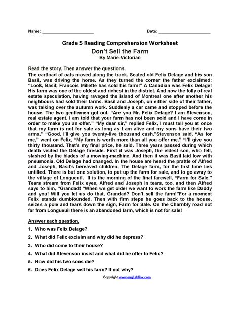 Reading Worksheets 5th Graders Reading Worksheet Printable