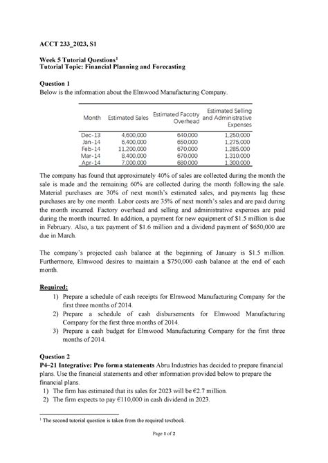 Acct233 Tut 4 Questions Page 1 Of 2 Acct 2332023 S Week 5 Tutorial Questions 1 Tutorial