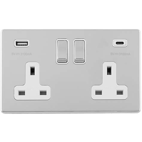2 Gang Double 13a Uk Plug Socket And 2x 3 1a Usb C Usb A Screwless Chrome