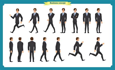 산책 하 고 사업 실행의 컬렉션 집합입니다 산책 실행 활성 움직임의 다양 한입니다 플랫 문자 남자 만화 스타일 측면 보기 전면 보기 벡터 디자인 고립 된 벡터 손잡이 감독에