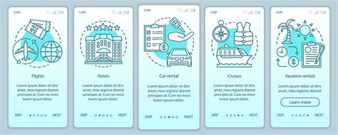 여행 플래너 청록색 온보딩 모바일 앱 페이지 화면 벡터 템플릿 크루즈 여행 여행 선형 일러스트레이션이 있는 웹 사이트 연습 단계입니다 Ux Ui Gui 스마트폰 인터페이스